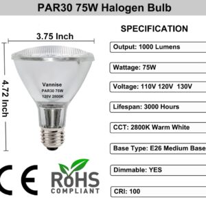 Vannise PAR30 Halogen Bulb 75W 120V, 6 Pack High Output 1000LM PAR30 Long Neck Halogen 75W with Warm White 2800K, PAR30 Dimmable, Long Lasting PAR30 Flood Light Bulb with E26 Medium Base