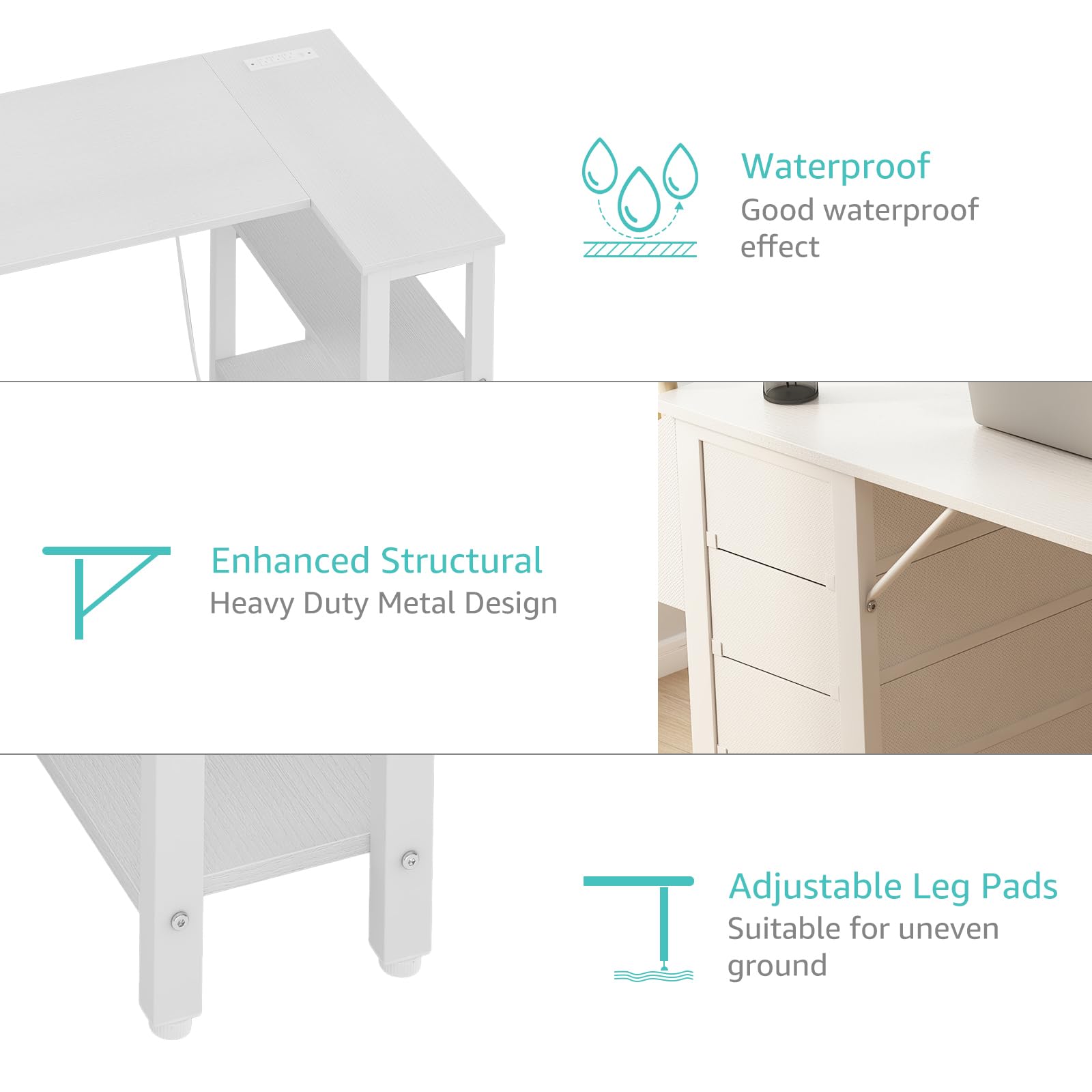 Lufeiya White L Shaped Computer Desk with Drawers & Storage Shelves, 47 Inch Corner Desk with Power Outlet for Home Office Bedroom, L-Shaped Teen PC Desks with Fabric Drawer, White