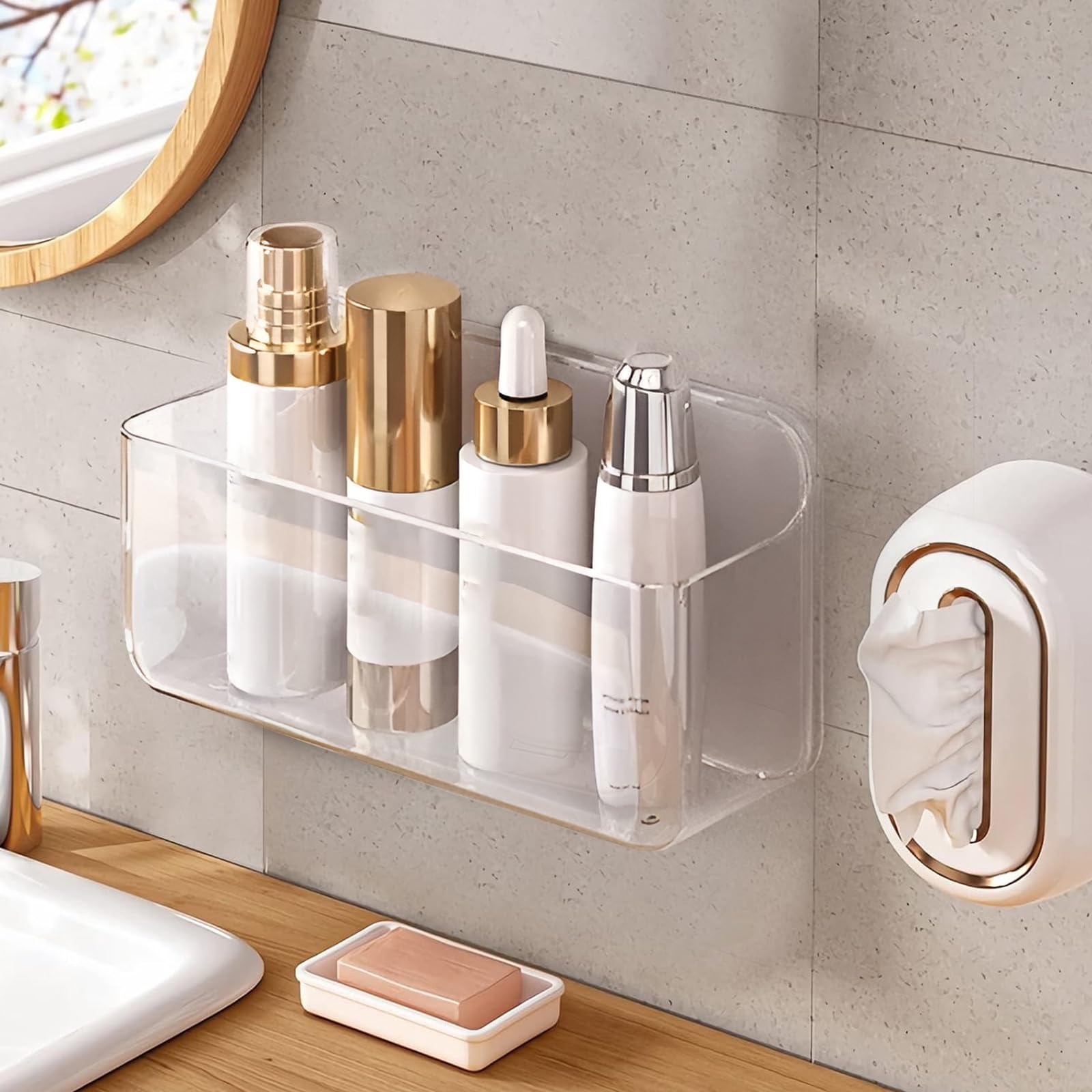 Diesisa Acrylic Wall Mount Organizer, Self Adhesive Organizer for Wall, Shower Caddies Organizer, Adhesive Shelf with Self Adhesive Tape, for Bathroom, Kitchen, Inside of Cabinet Door