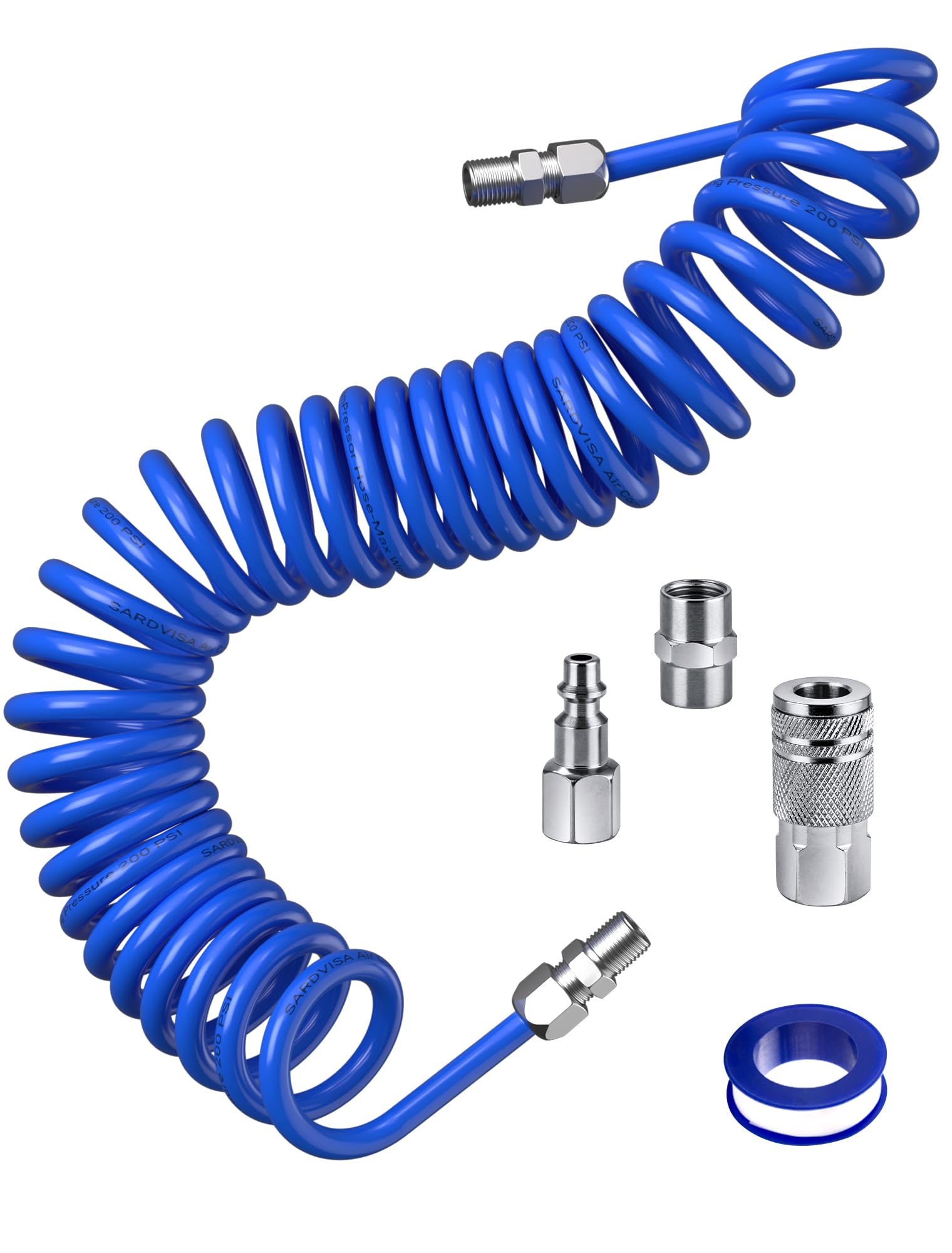 SARDVISA 25 Feet Repairable EVA Recoil Air Hose, Air Compressor Hose with 1/4" NPT Industrial Universal Quick Coupler and I/M Plug Kit, 200PSI Max Air Tool Hose