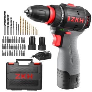 zkh cordless drill set, 16v electric power drill driver with battery and charger,2 variable speed, 3/8" keyless chuck, up to1800rpm,torque 487 in-lbs,47pcs drill bits, tool sets for men