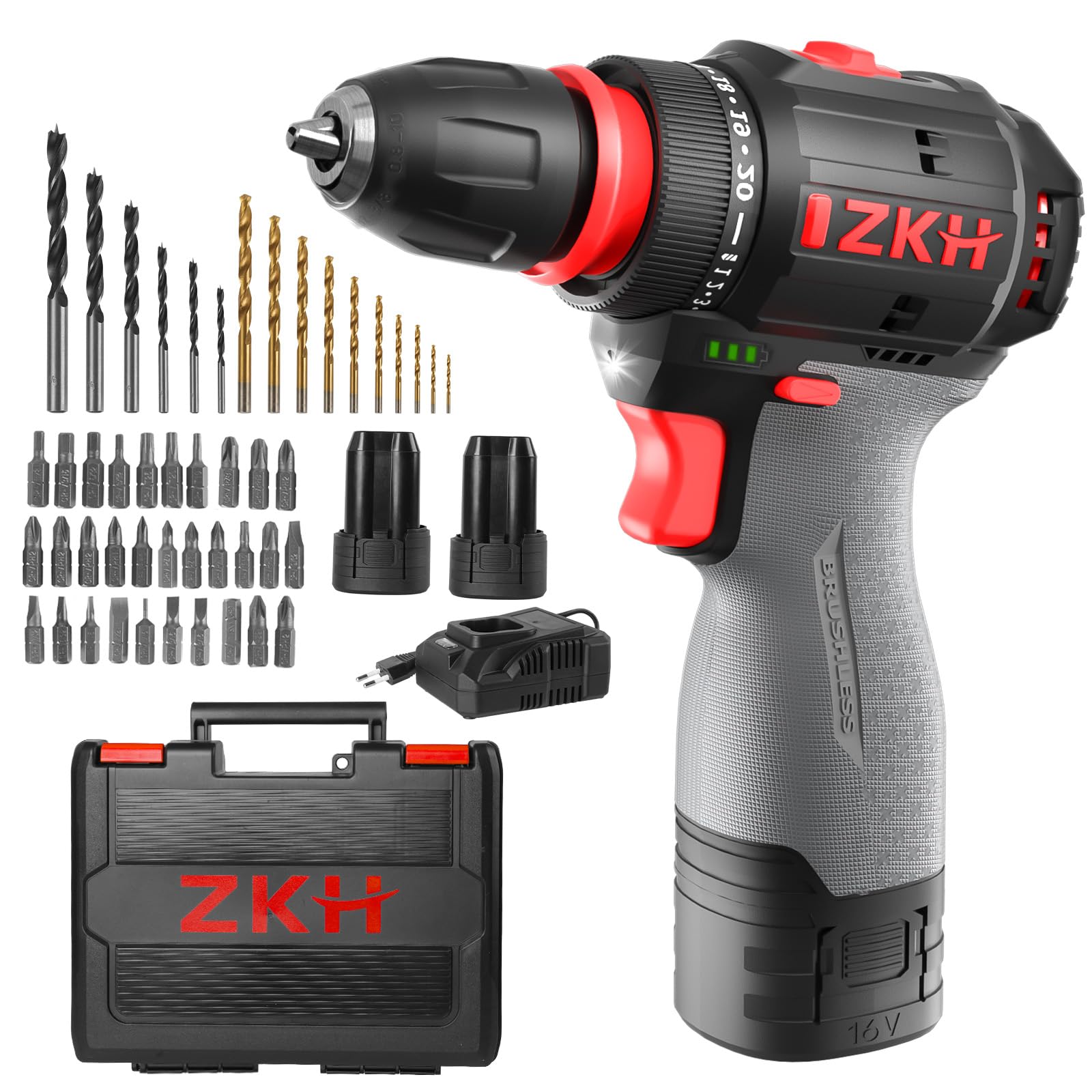 ZKH Cordless Drill Set, 16V Electric Power Drill Driver with Battery and Charger,2 Variable Speed, 3/8" Keyless Chuck, Up to1800RPM,Torque 487 In-lbs,47Pcs Drill Bits, Tool Sets for Men