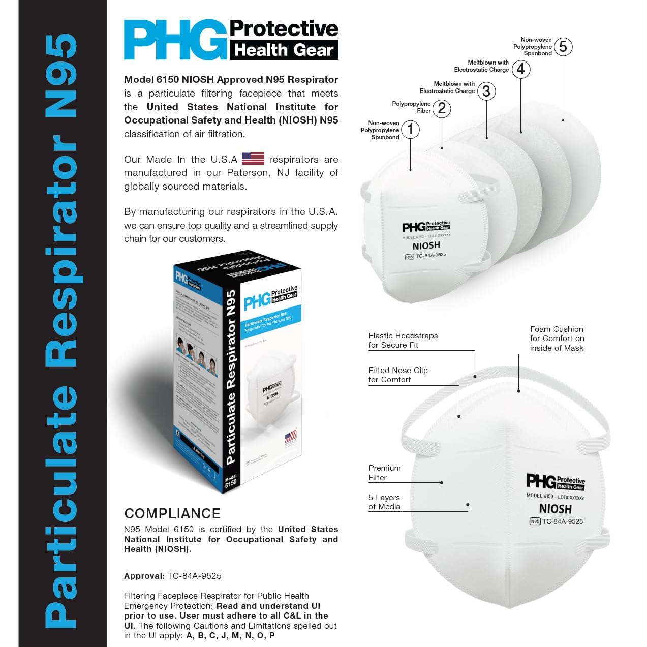 PHG PROTECTIVE HEALTH GEAR N95 Particulate Filtering Respirators, NIOSH Certified, MADE IN USA, For Medical & Personal Use, Head-Straps, 20 Individually Wrapped Masks