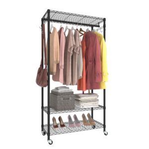 serxis rolling portable garment rack,freestanding clothes racks, portable closet wardrobe with 3 adjustable wire shelves,2 side hooks, black