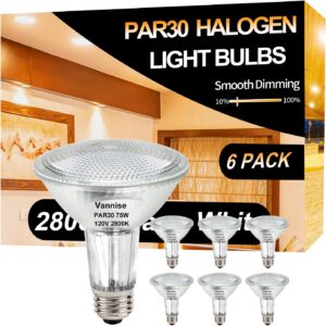 vannise par30 halogen bulb 75w 120v, 6 pack high output 1000lm par30 long neck halogen 75w with warm white 2800k, par30 dimmable, long lasting par30 flood light bulb with e26 medium base