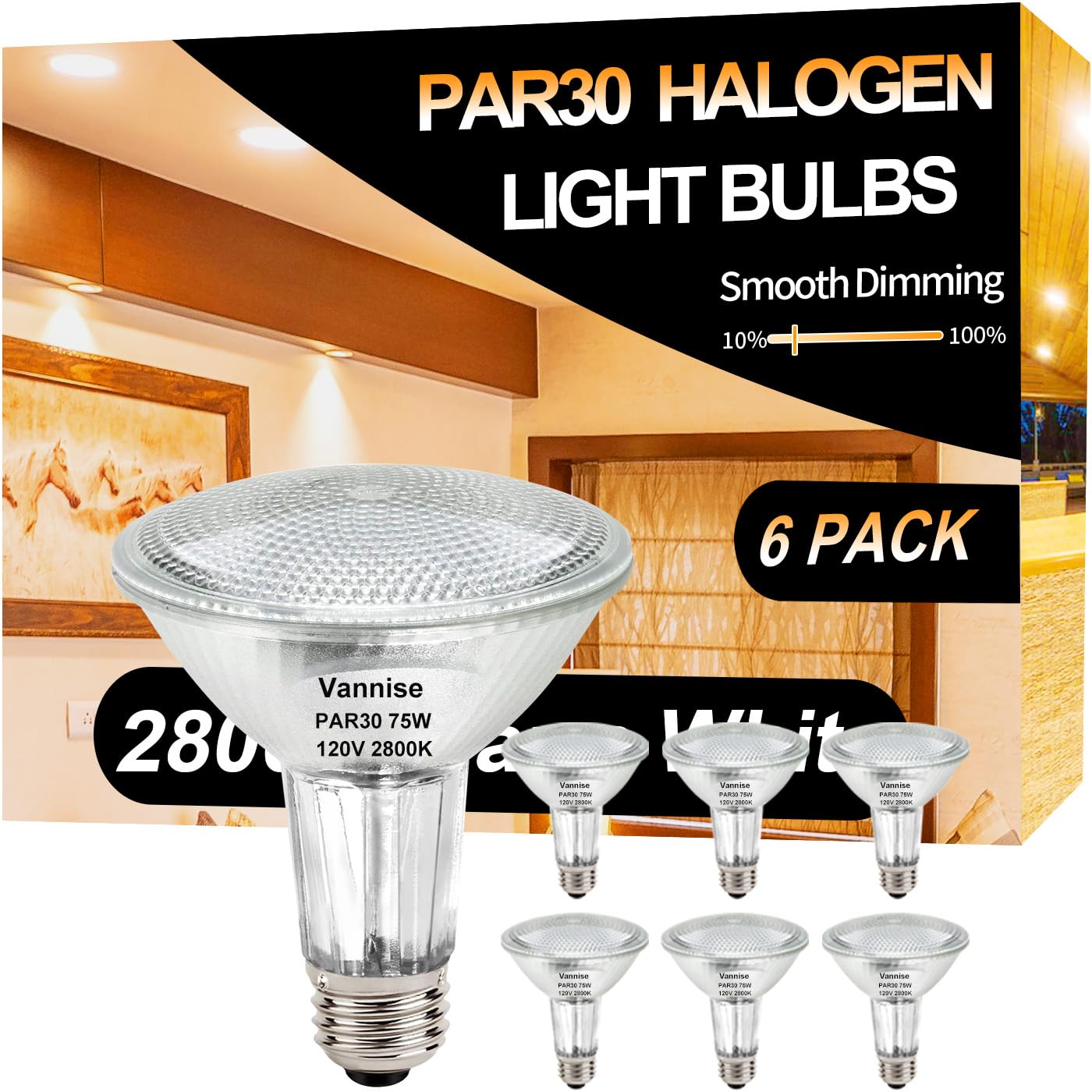 Vannise PAR30 Halogen Bulb 75W 120V, 6 Pack High Output 1000LM PAR30 Long Neck Halogen 75W with Warm White 2800K, PAR30 Dimmable, Long Lasting PAR30 Flood Light Bulb with E26 Medium Base