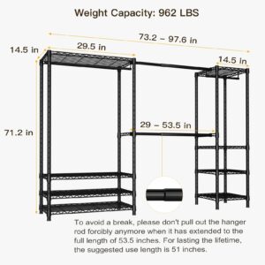 Ulif E11 Heavy-Duty Garment Rack, Metal Freestanding Clothes Rack and Closet Storage Organizer System with 8 Shelves and 4 Hanger Rods, (73.2 - 97.6)"W x 14.5"D x 71.2"H, Load 962 LBS, Black