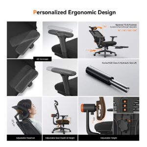 Newtral Ergonomic Chair with Footrest - Home Office Desk Chair with Auto-Following Lumbar Support, 4D Armrest, Seat Depth & Height Adjustable, 96°-136° Reclines