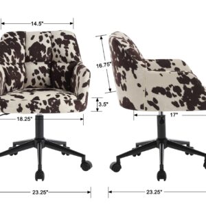 Modern Swivel Home Office Desk Chair with Wheels and Arms, Cow Print Velvet Height Adjustable Comfortable Ergonomic Upholstered Desk Chair, Wide Cute Cowhide Computer Armchair for Living Room Home