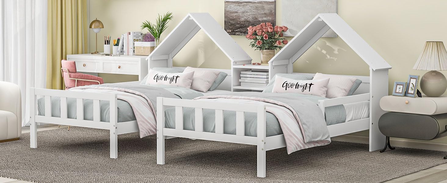 Flieks Double Twin Size Platform Bed with House-Shaped Headboard and a Built-in Nightstand, White