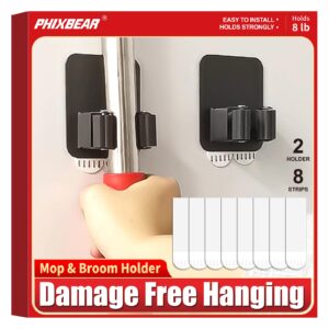 phixbear damage free hanging mop and broom holder, wall mount stainless broom hanger no drill self adhesive, 2 holder, 8 strips