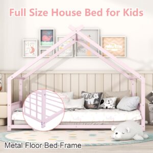 ODUWA Full Size House Bed for Kids,Metal House Platform Bed with Guardrail,Montessori Floor Bed Frame with Roof,Full Bed Frames for Kids,Toddlers,Girls,Boys