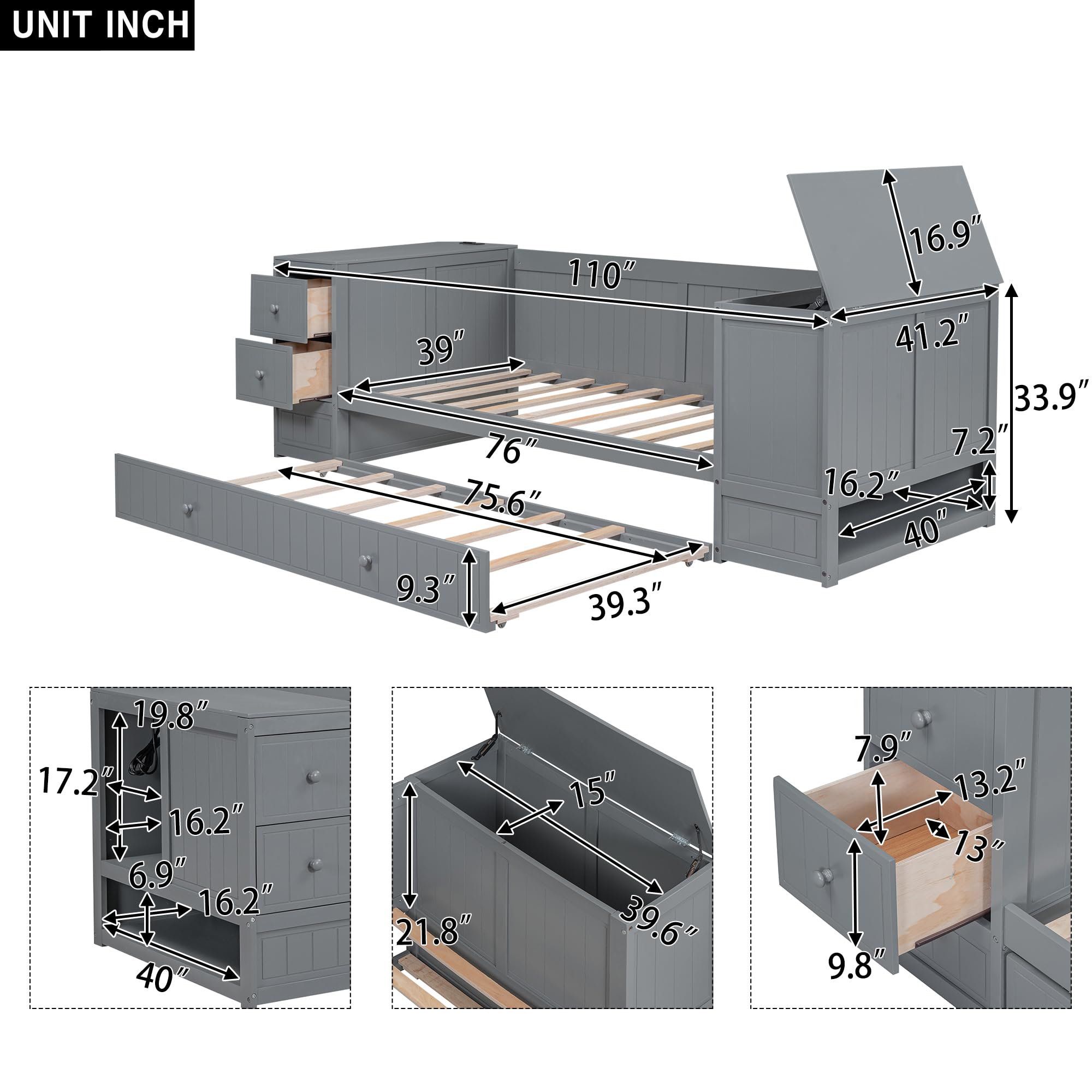 BestLM Wood Twin Size Daybed with Trundle, Sofa Bed with Storage Arms, Drawers and Charging Station for Kids Teens Boys Girls, No Box Spring Needed, Gray