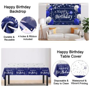 Navy Blue Birthday Decorations for Men Boys Women Girls, 80 PCS Blue and Silver Party Decorations, Happy Birthday Backdrop Banner Party Supplies Blue Silver Confetti Star Balloons Arch Tablecloth