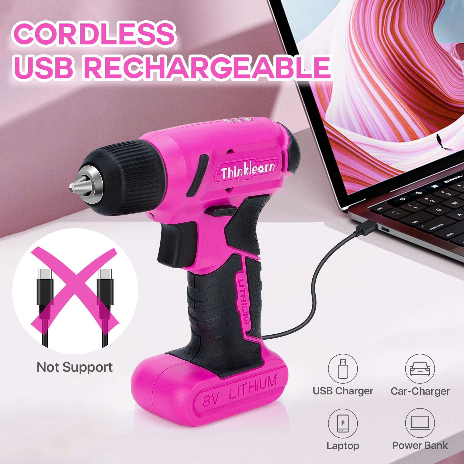 64PCS Pink Tool Set with Cordless Drill, 8V Power Drill and Pink Tool Kit for Women, 3/8"Keyless Chuck Electric Screwdriver Driver Kit for Home DIY and Repair, USB Charger and Storage Box Included