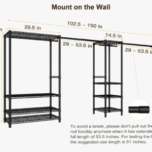 Ulif E11 Heavy-Duty Garment Rack, Metal Freestanding Clothes Rack and Closet Storage Organizer System with 8 Shelves and 4 Hanger Rods, (73.2 - 97.6)"W x 14.5"D x 71.2"H, Load 962 LBS, Black