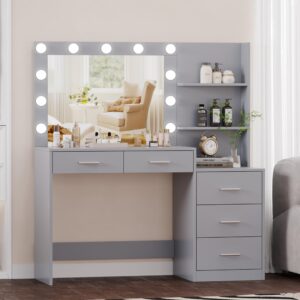 Rovaurx 46.7" Makeup Vanity Table with Lighted Mirror, Large Vanity Desk with Storage Shelf & 5 Drawers, Bedroom Dressing Table, 11 LED Lights, Gray