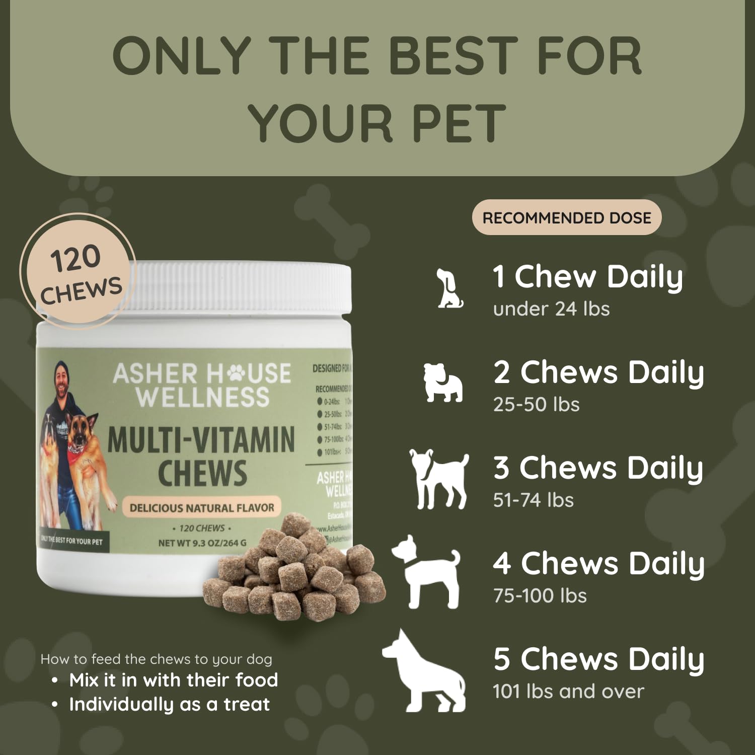 Asher House Wellness Dog Multivitamin Chews - Dog Vitamins and Supplements, Soft Chew for Pet Dogs with Probiotics, Flaxseed, Colostrum - Comprehensive Health Support from Puppy to Senior, 120 Chews