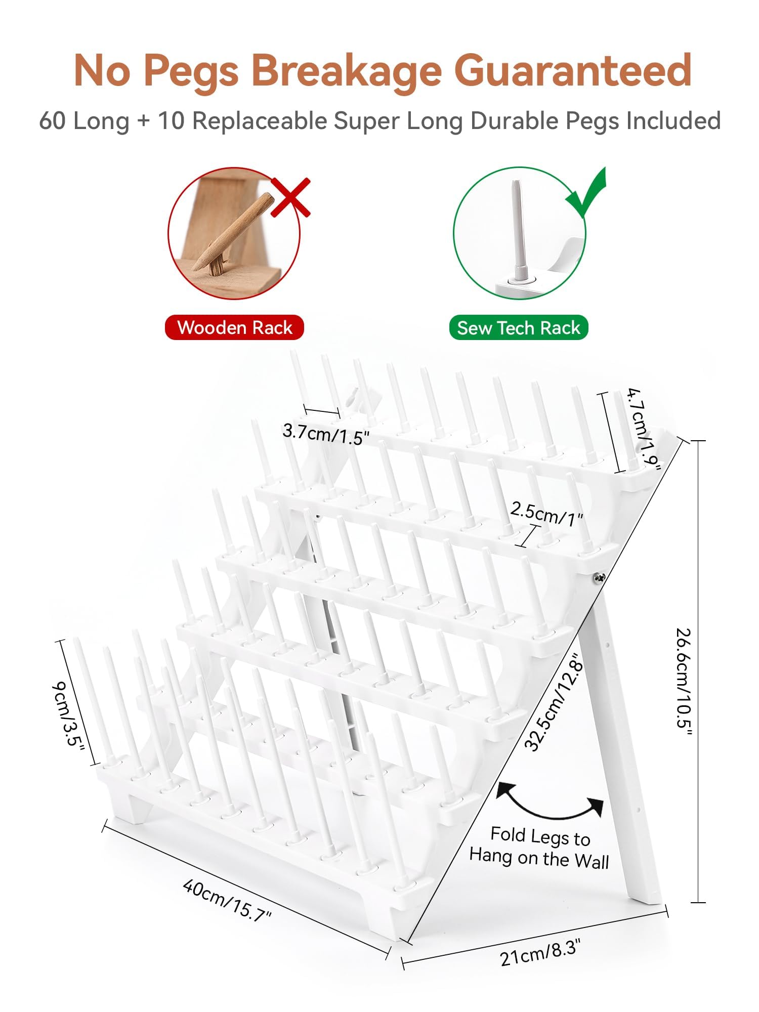 Sew Tech Thread Rack, Bright White Plastic Thread Holder with 60 Pegs and Extra 10 Long Pegs, Sewing and Embroidery Thread Stand