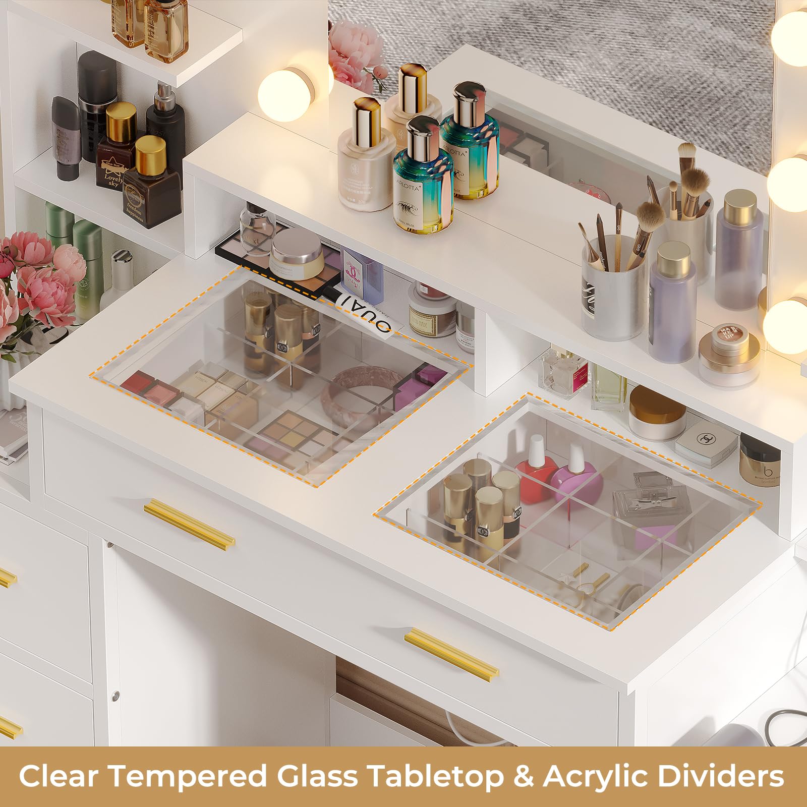 BTHFST Glass Top Vanity Desk with Mirror and Lights, Makeup Vanity with Lights, Charging Station and 10x Magnifying Mirror, Large Vanity Table with 8 Drawers, Acrylic Dividers and Shelves, White