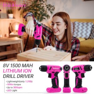 64PCS Pink Tool Set with Cordless Drill, 8V Power Drill and Pink Tool Kit for Women, 3/8"Keyless Chuck Electric Screwdriver Driver Kit for Home DIY and Repair, USB Charger and Storage Box Included