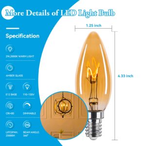 Brighfivey Amber Candelabra Bulb 25W Equivalent, 2W Ultra-Fine Filament E12 Base Candelabra LED Light Bulb, Dimmable Amber LED Bulbs 2000k Soft Warm, Candle Chandelier Bulbs, 6 Pack