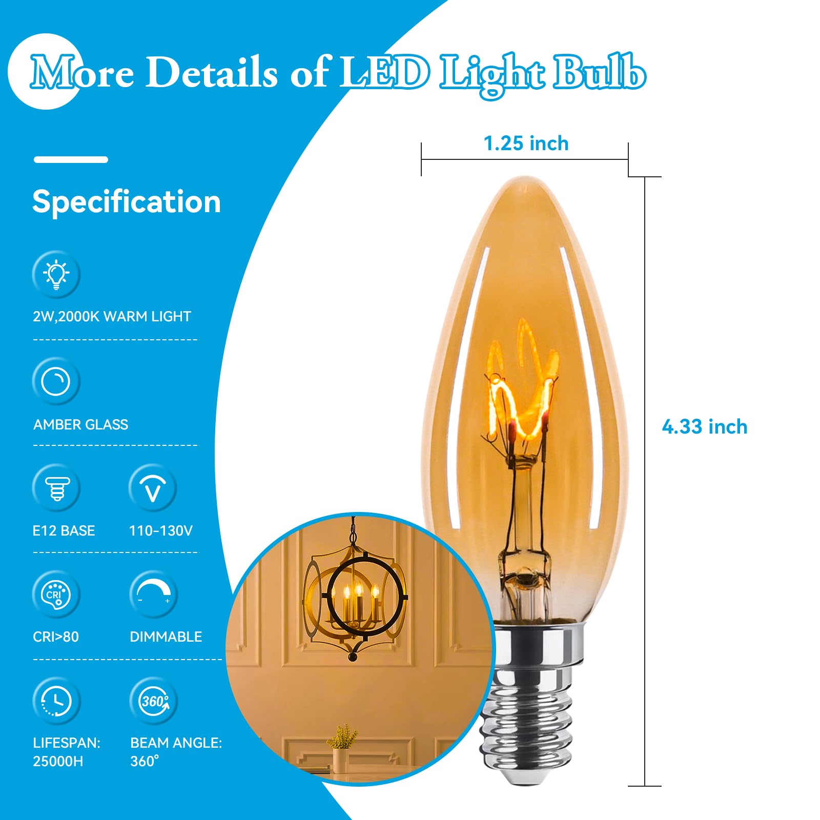 Brighfivey Amber Candelabra Bulb 25W Equivalent, 2W Ultra-Fine Filament E12 Base Candelabra LED Light Bulb, Dimmable Amber LED Bulbs 2000k Soft Warm, Candle Chandelier Bulbs, 6 Pack