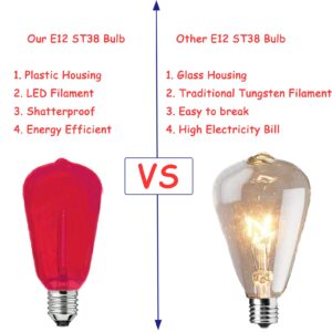 Red ST38 Replacement LED Bulb Red 1W Shatterproof C7/E12 Candelabra Base ST38 Filament Bulb Red Plastic LED Indoor Outdoor String Light Replacement Bulbs for Wedding Party Home, Red (15 Pack)