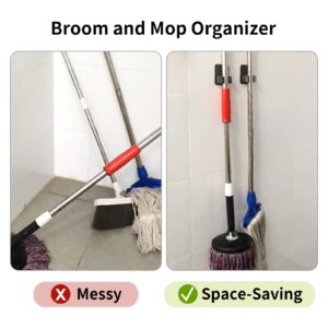 PHIXBEAR Damage Free Hanging Mop and Broom Holder, Wall Mount Stainless Broom Hanger No Drill Self Adhesive, 2 Holder, 8 Strips