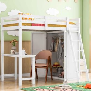 aty twin size loft bed with 4 storage shelves and wardrobe, solid wood bedframe w/desk & ladder, maximum space, no spring needed required, for kids teens adults, white