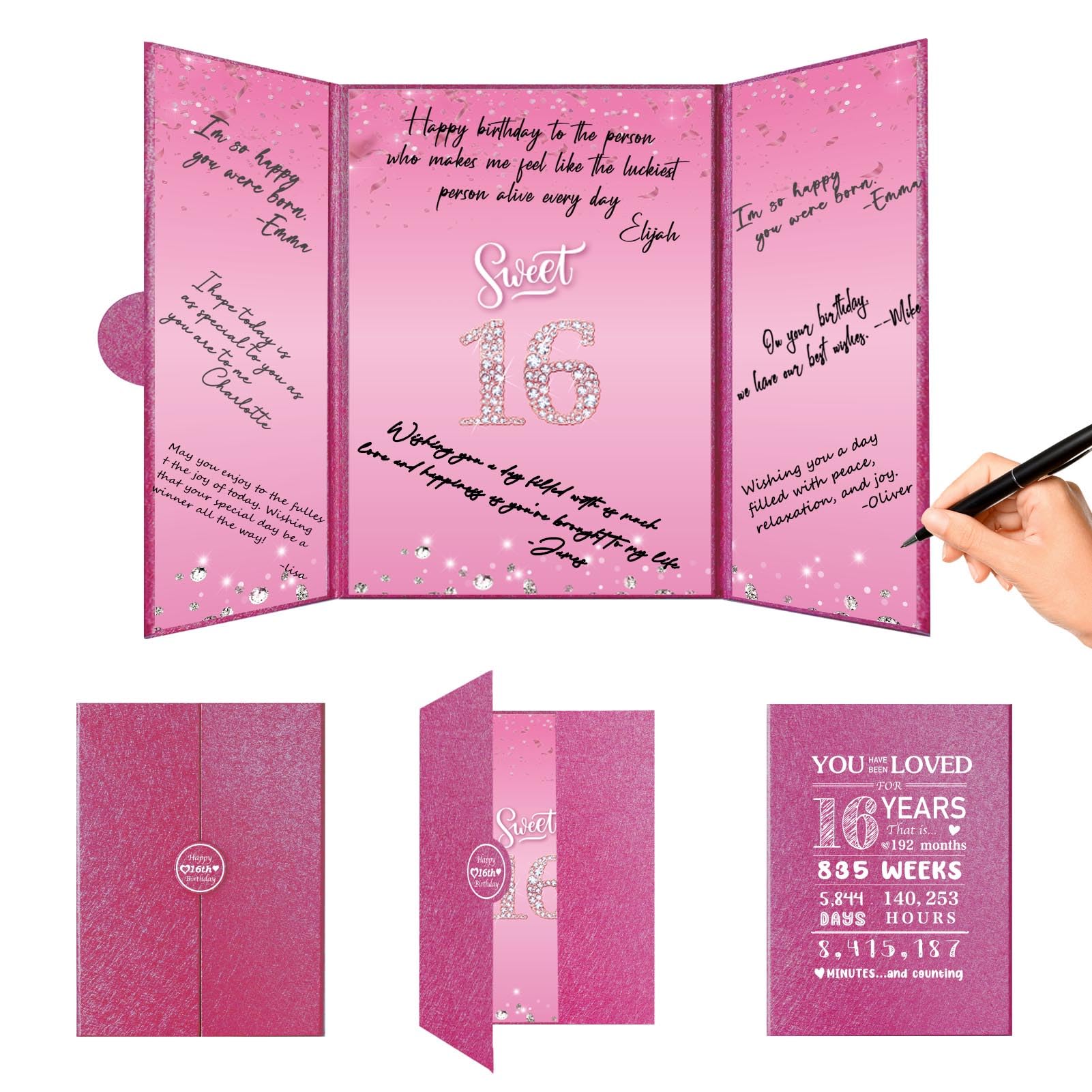 Crenics Sweet 16 Birthday Decorations, Creative Hot Pink 16th Birthday Guest Book Alternative, Large 16th Birthday Signature Book 12" x 18", Great 16 Years Old Birthday Gifts for Girls