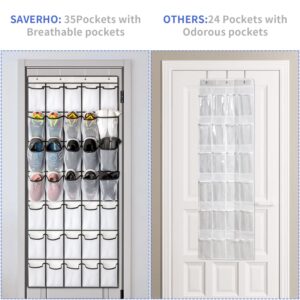 SAVERHO 35 Pockets Over the Door Shoe Organizer, Hanging Shoe Organizer for Door with 35 Mesh Pockets Large Capacity Shoe Hanging Storage Bag with 4 Metal Hooks (White-1Pack)