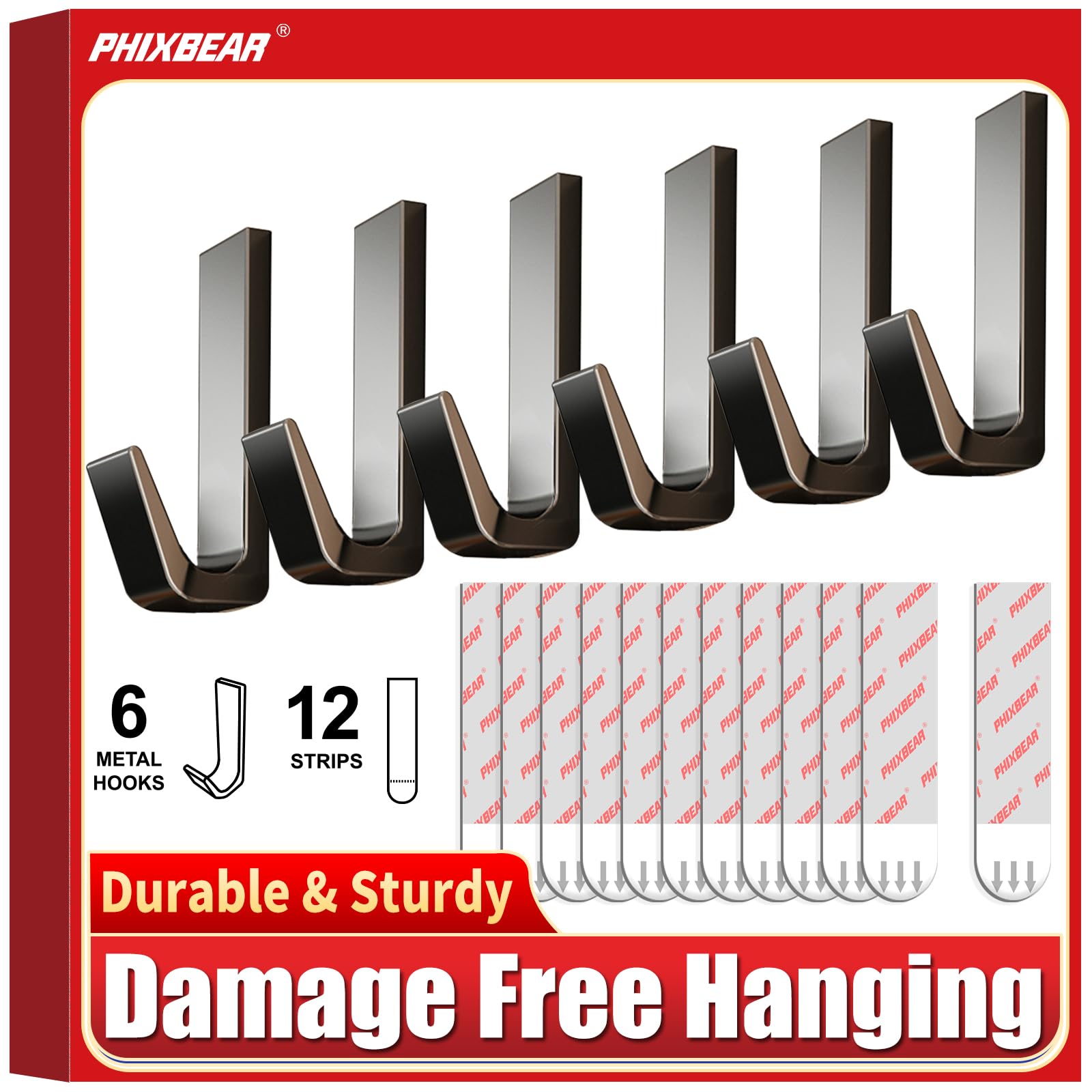 PHIXBEAR Damage Free Hanging Wall Hooks with Adhesive Strips, Adhesive Hooks for Hanging Heavy Duty, Removable Black Sticky Hooks, 6 Metal Hooks and 12 Strips