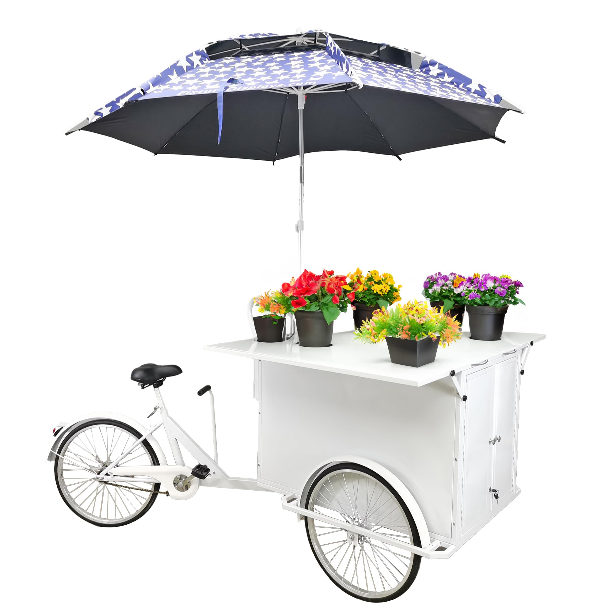 Fixturedisplays® 24" Tire 90 X 51.5 X 41" White Vending Trike Mobile Food Beverage Bike Cart White Blue Star with 86.6" Umbrella 10165-NF