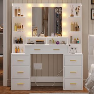 bthfst glass top vanity desk with mirror and lights, makeup vanity with lights, charging station and 10x magnifying mirror, large vanity table with 8 drawers, acrylic dividers and shelves, white