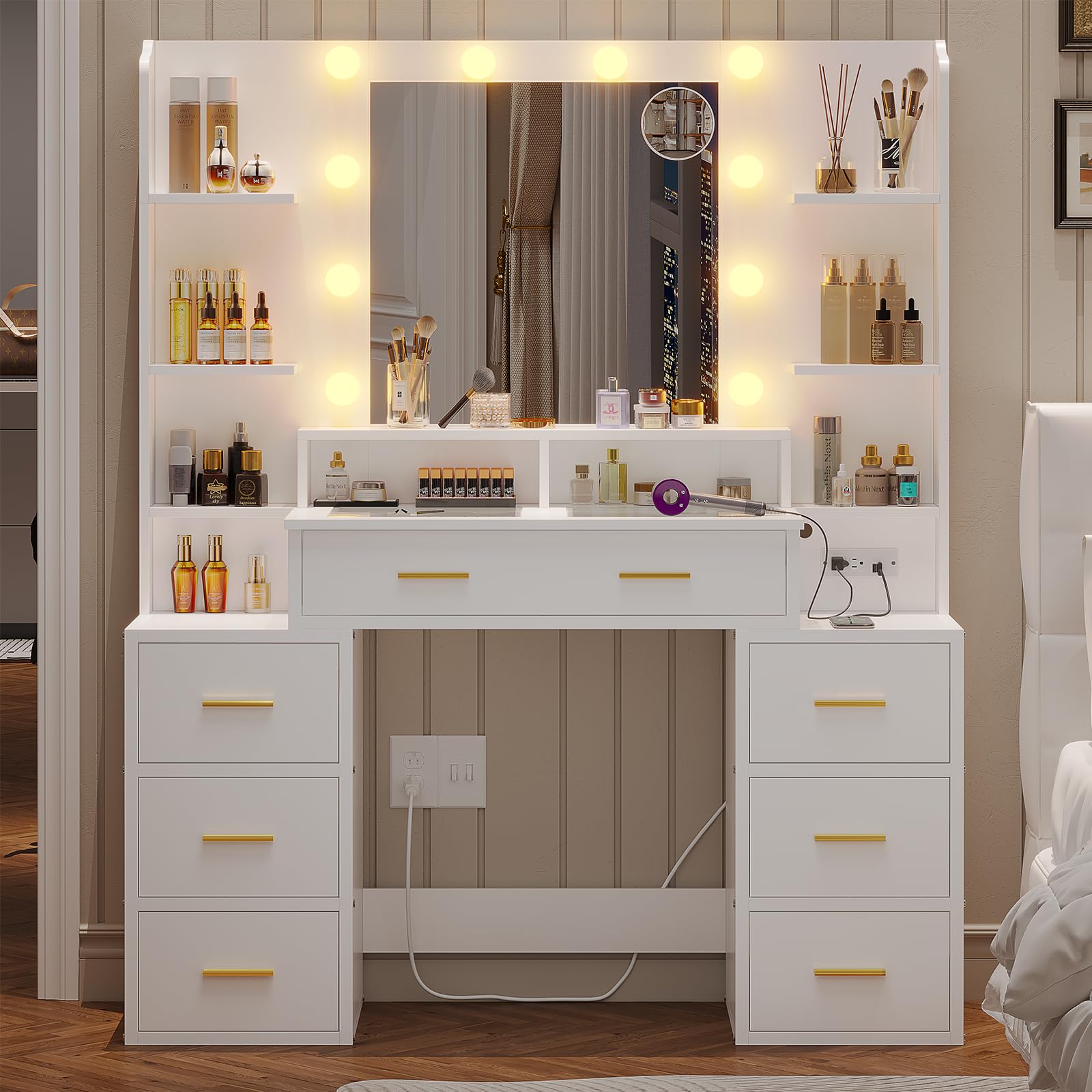 BTHFST Glass Top Vanity Desk with Mirror and Lights, Makeup Vanity with Lights, Charging Station and 10x Magnifying Mirror, Large Vanity Table with 8 Drawers, Acrylic Dividers and Shelves, White