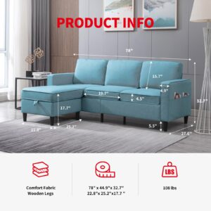 PUREMIND Modular Sectional Sofa Couch for Living Room, 78" 3-Seat Convertible Sofa with Storage Ottoman, Modern Linen Fabric L-Shaped Couch for Small Spaces, Bedroom, Apartment (Blue)