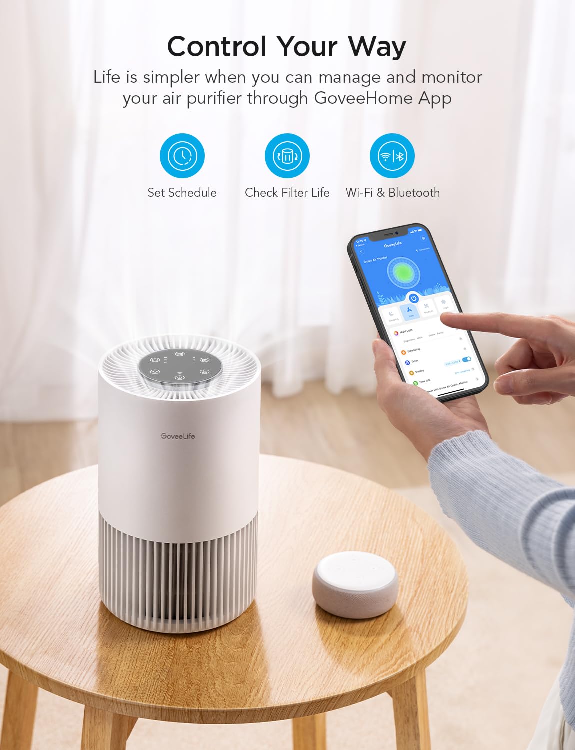 GoveeLife Smart Air Purifiers for Bedroom, with WiFi Alexa Control, HEPA 24dB Quiet Air Purifier with Fragrance Sponge, RGB Night Light, for Pet Dander, Allergies, Smoke, Office and Desktop, White