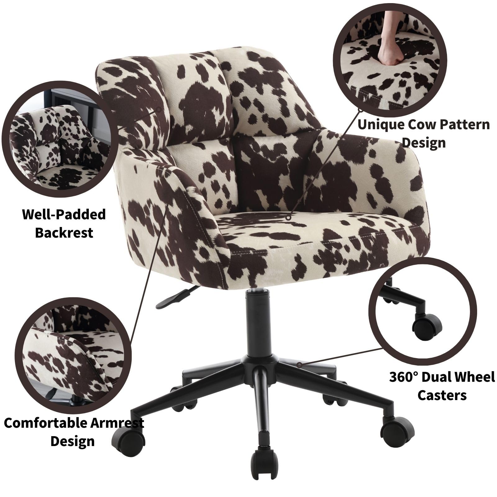 Modern Swivel Home Office Desk Chair with Wheels and Arms, Cow Print Velvet Height Adjustable Comfortable Ergonomic Upholstered Desk Chair, Wide Cute Cowhide Computer Armchair for Living Room Home