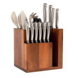 kitchenedge acacia magnetic knife block and cooking utensil holder, sleek storage for chefs knives, steak knives, spatulas, scissors, non-slip rubber feet, easy to clean, kitchen countertop organizer