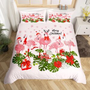 merry christmas bedding set queen size,pink flamingo cartoon bird animal duvet cover set for children adult,winter snowflake green leaves soft comforter cover for dorm room, zipper, ties