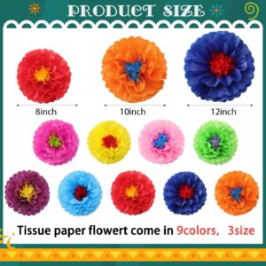 Geyee 27 Pcs Mexican Paper Flowers Colorful Tissue Paper Flowers Fiesta Paper Flowers Mexican Carnival Paper Flowers for Floral Party Backdrop Birthday Wedding Party 8, 10, 12 Inch (Stylish Color)