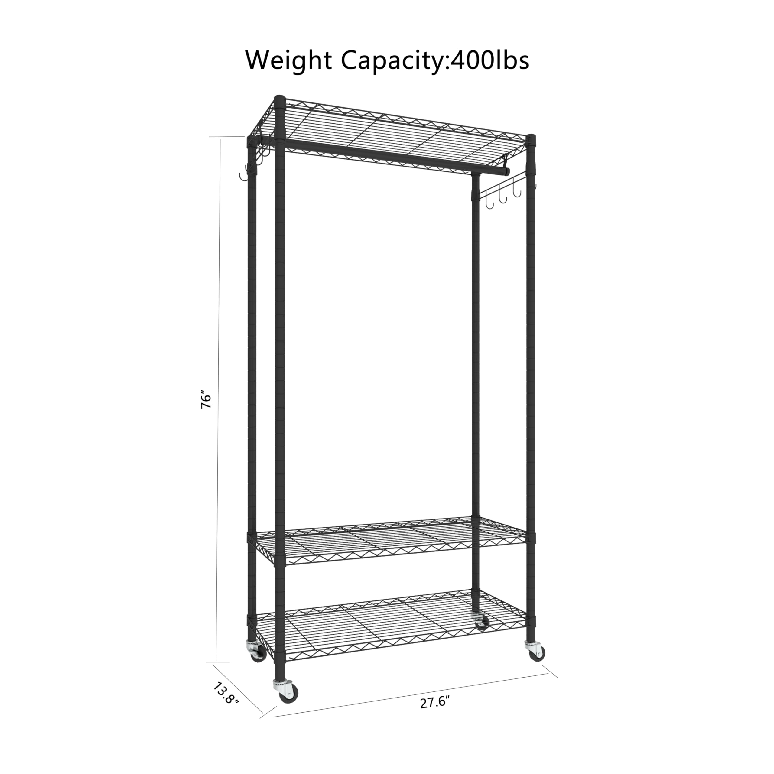 Serxis Rolling Portable Garment Rack,Freestanding Clothes Racks, Portable Closet Wardrobe with 3 Adjustable Wire shelves,2 Side Hooks, Black