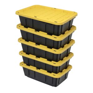 cx black & yellow®, 15-gallon heavy duty tough storage container & snap-tight lid, (9.5”h x 20.6”w x 30.6”d), weather-resistant design and stackable organization tote [5 pack]