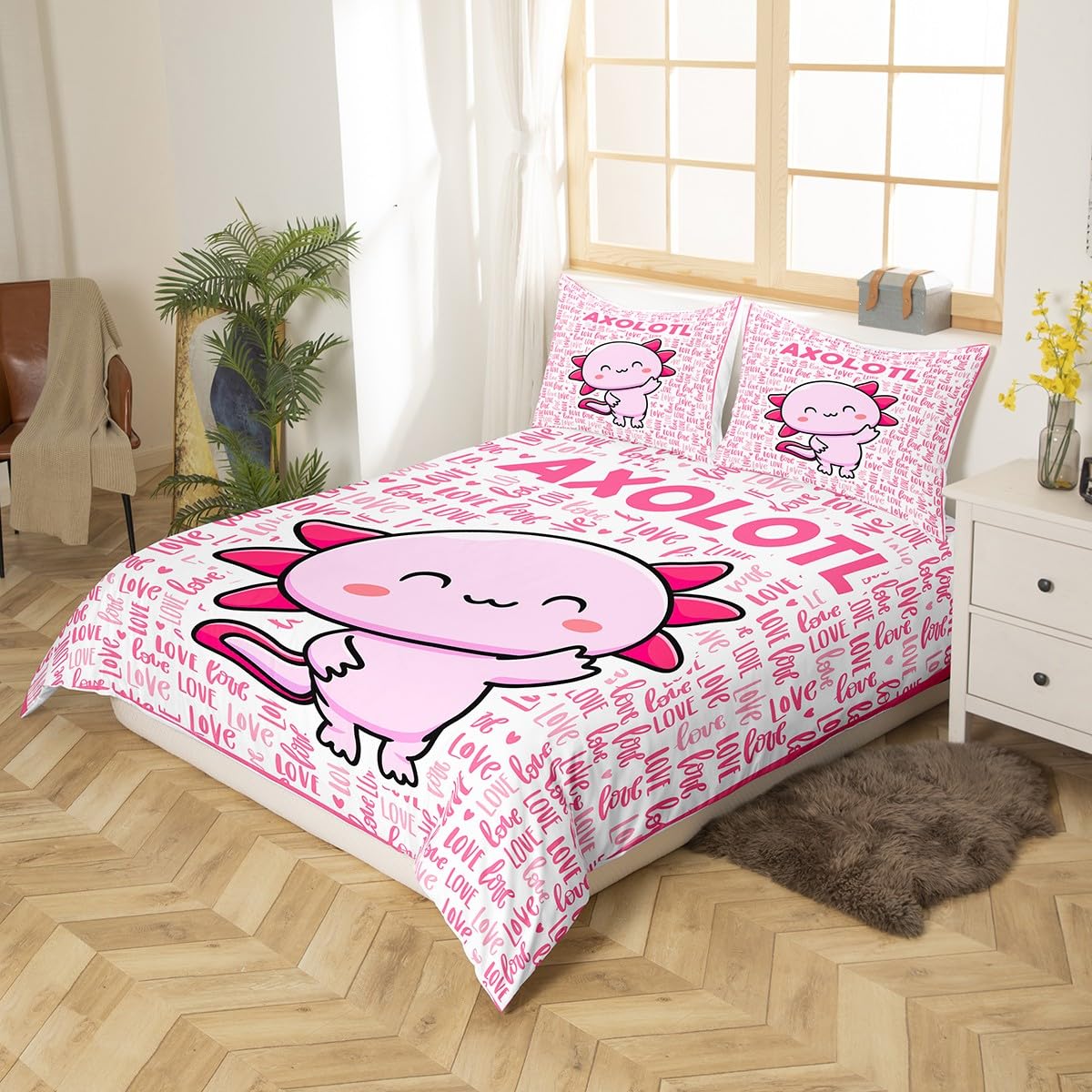 Cartoon Axolotl Kids Duvet Cover Set Twin Size,Cute Salamander Ocean Animals Bedding Set,Girls Boys Adults Room Decor,Axolotl Lovers Kawaii Comforter Cover,Pink Romantic Quilt Cover,1 Pillowcase