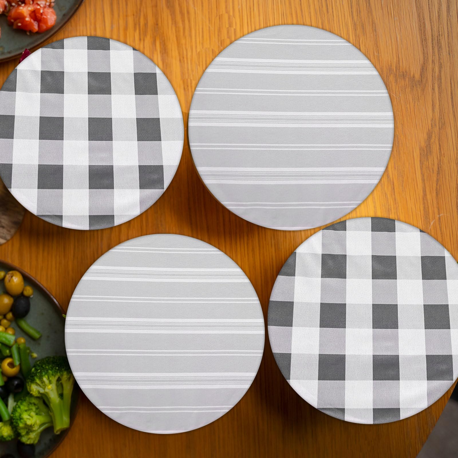 Whaline 10Pcs Bowl Covers Reusable In 5 Size Stretch Cloth Fabric Dish Cover Farmhouse Plaid Gray Ticking Stripe Lids for Food Fruits Leftover Storage