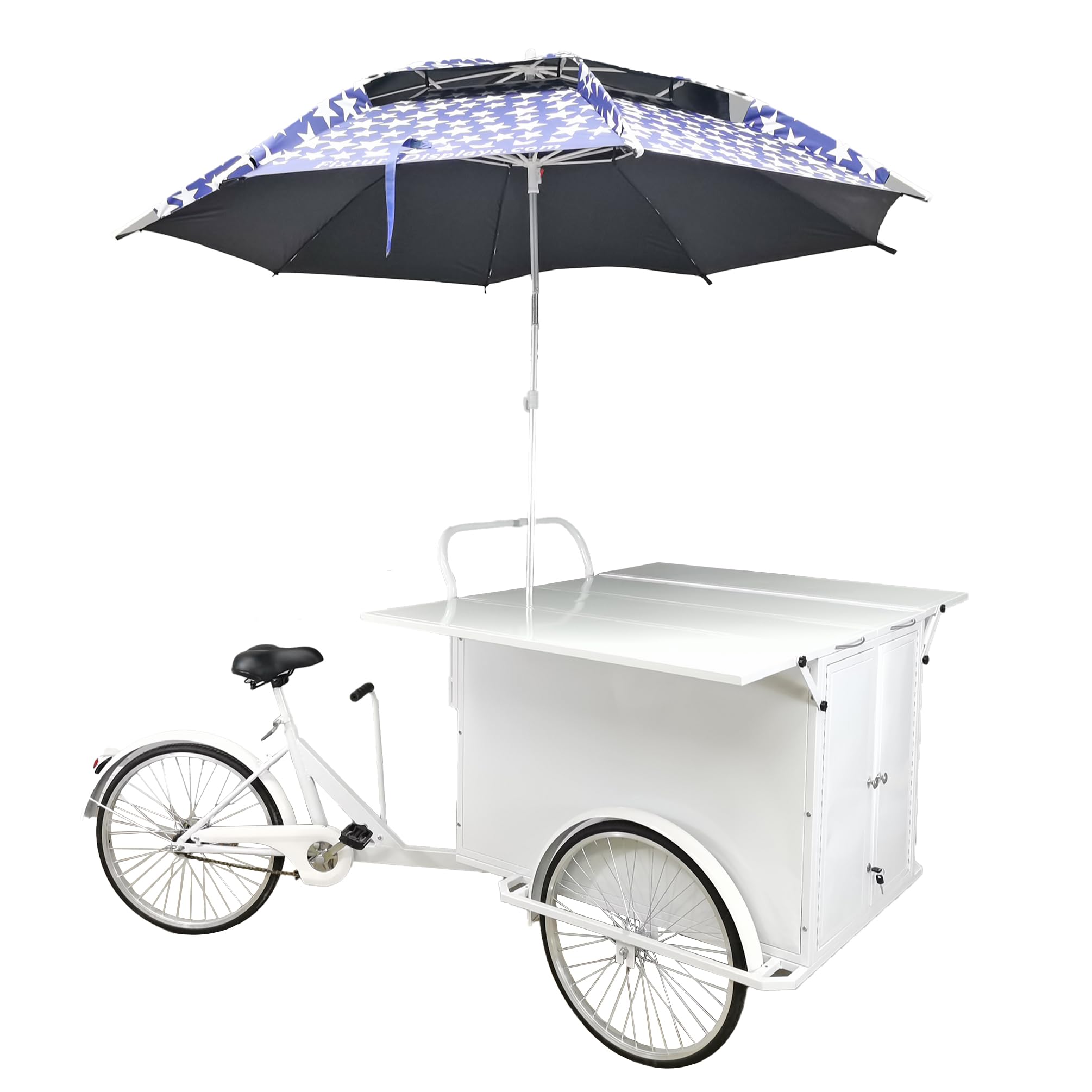 Fixturedisplays® 24" Tire 90 X 51.5 X 41" White Vending Trike Mobile Food Beverage Bike Cart White Blue Star with 86.6" Umbrella 10165-NF