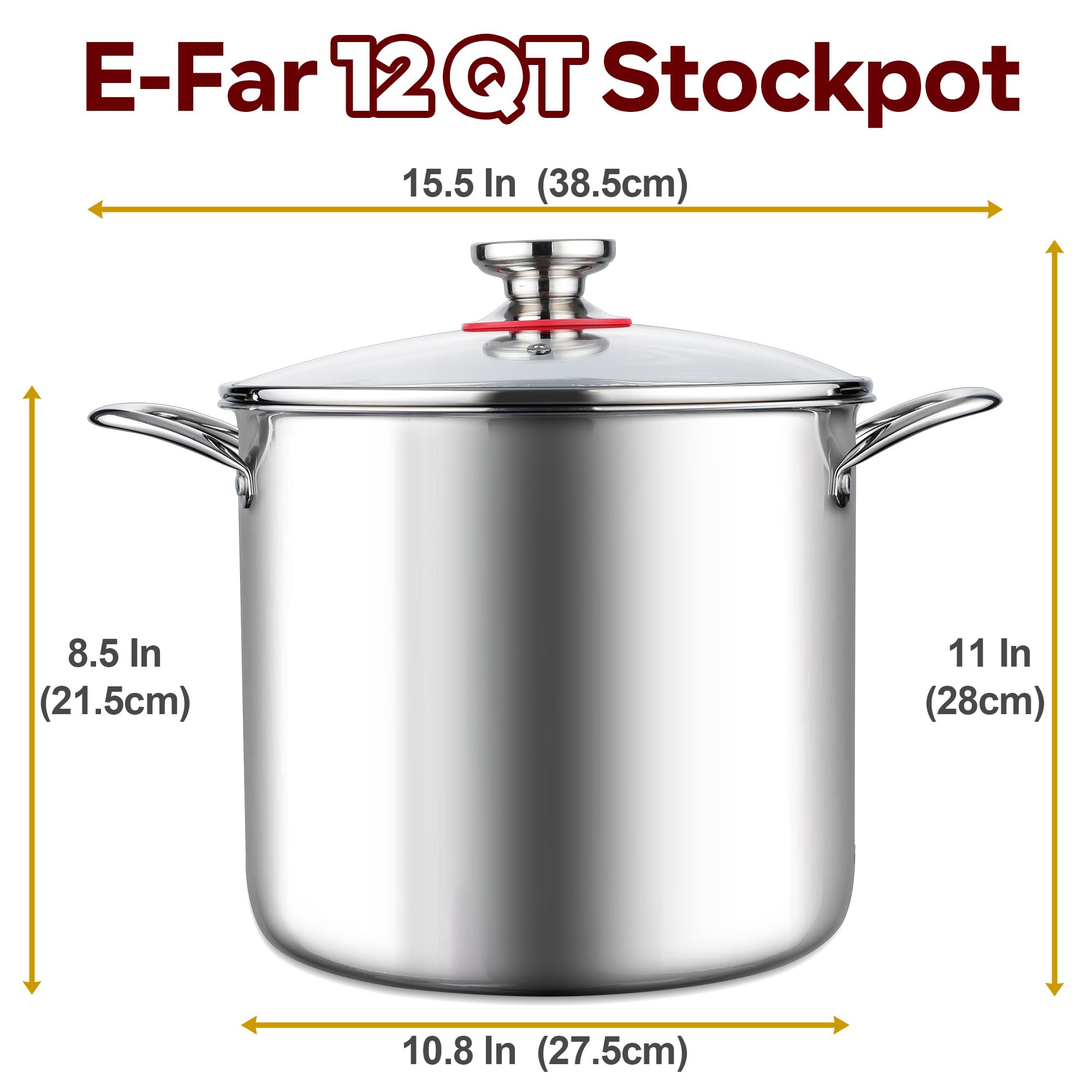 E-far 12 Quart Stock Pot with Lid, Large Stainless Steel Stockpot for Induction Ceramic Gas Stoves, 18/10 Tri-ply Cooking Pot for Soup Stewing Simmering Canning, Heavy Duty & Dishwasher Safe