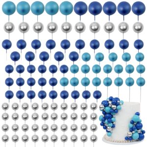 acmee 115 pcs ball cake toppers - mini balloon cake decorations foam ball cupcake picks diy cake insert toppers for birthday party wedding baby shower (blue, silver)