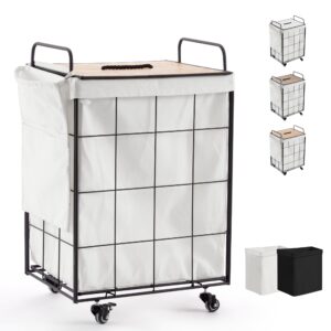 laundry hamper with natural bamboo lid, 120l laundry basket with heavy duty rolling wheels, dirty clothes hamper with removable liner bag and side pocket, laundry sorter with metal handle